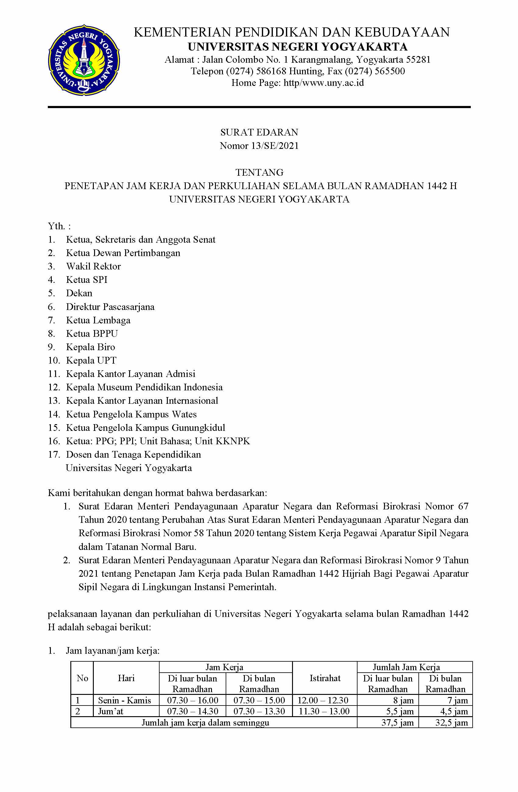SURAT EDARAN NO 13/SE/2021 TENTANG PENETAPAN JAM KERJA DAN PERKULIAHAN ... SURAT EDARAN NO 13/SE/2021 TENTANG PENETAPAN JAM KERJA DAN PERKULIAHAN ...